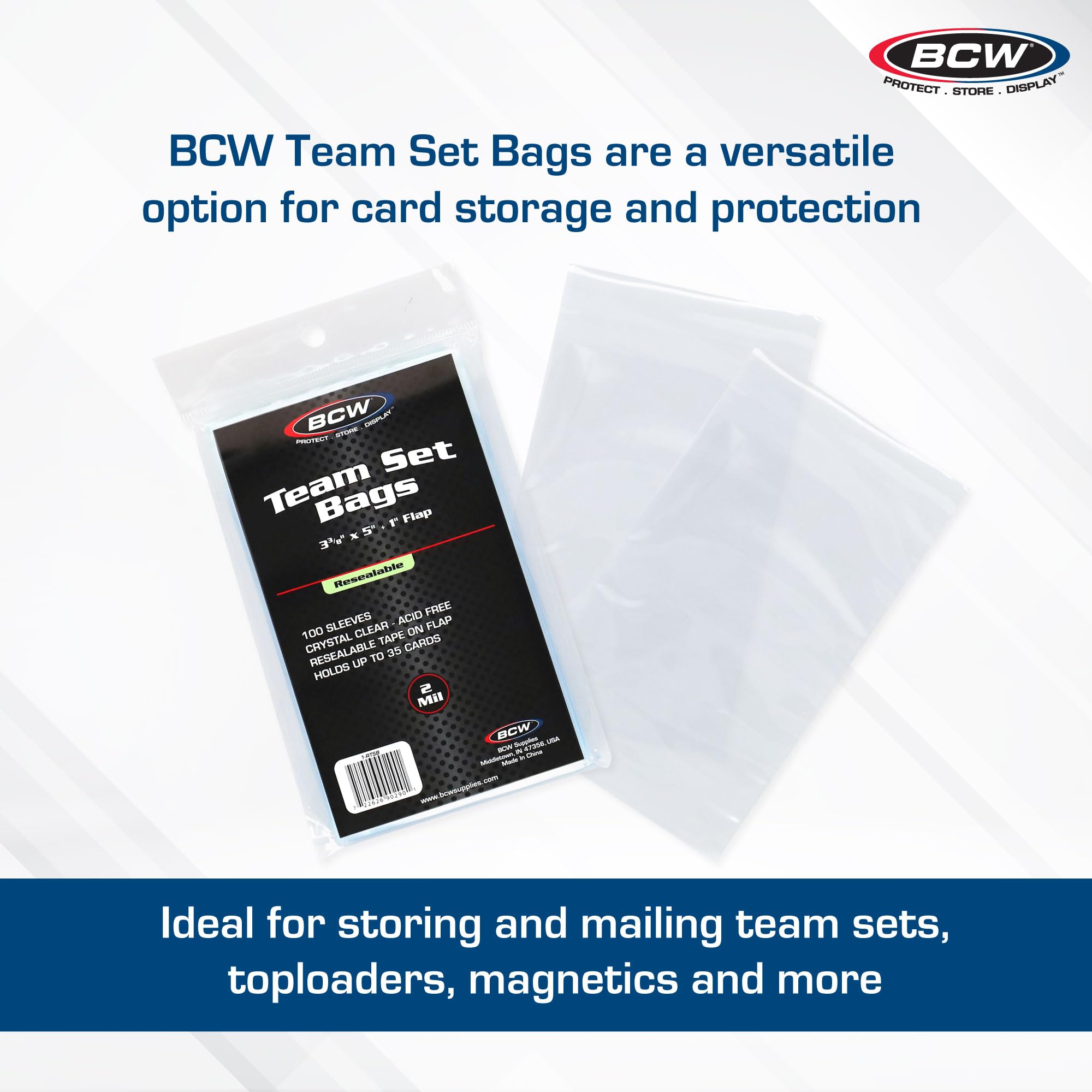 BCW Resealable Team Set Bags - 100 ct | Archival Quality Polypropylene | Holds 35 Standard Cards | Toploader and Magnetic Holder Compatible | Acid-Free Sealing Solution for Trading Card Collections