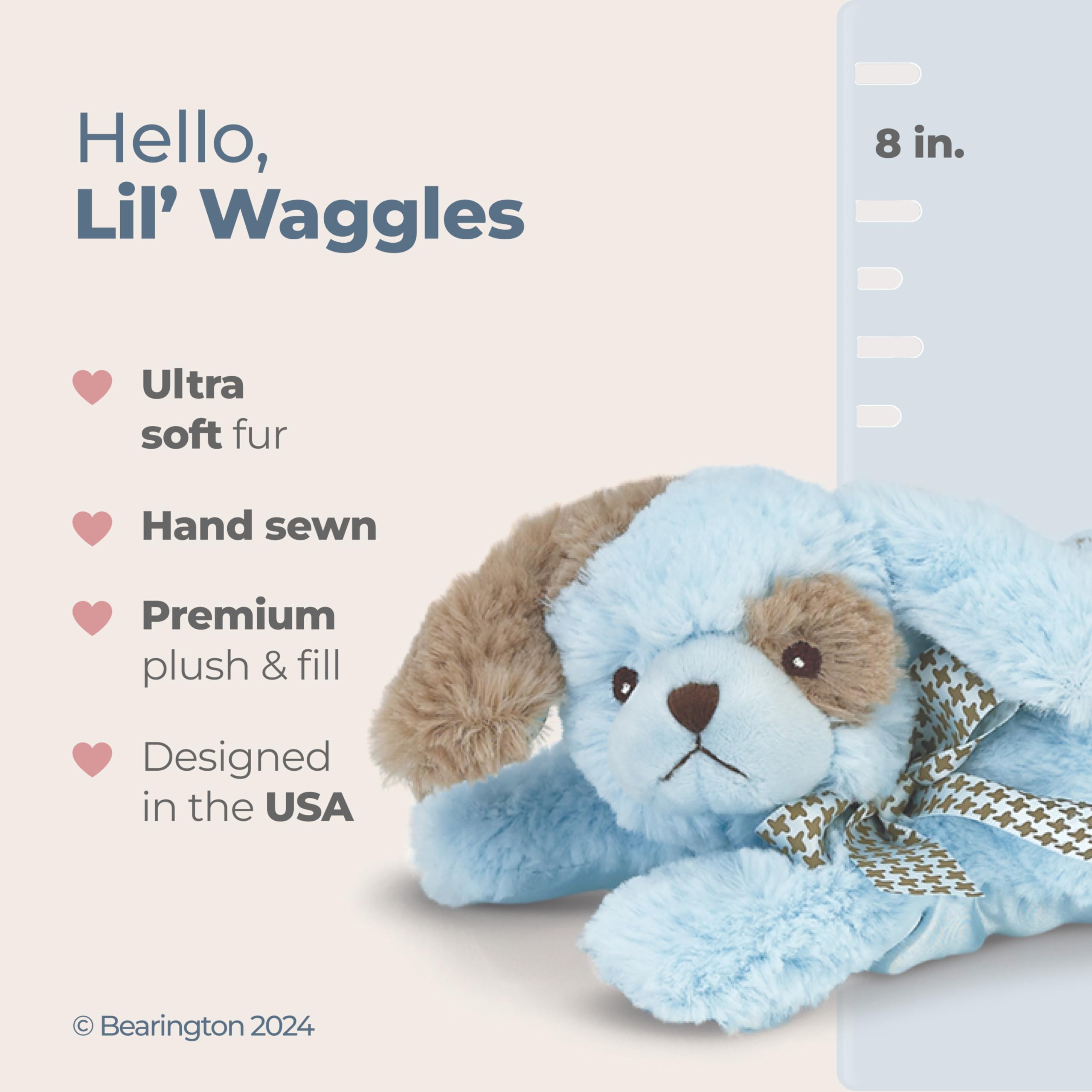 Bearington Baby Lil' Waggles Plush Stuffed Animal Blue Puppy with Rattle, 8 inches