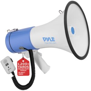 pyle portable megaphone speaker pa bullhorn - built-in siren, 50w adjustable volume control in 1200 yard range, ideal for any outdoor sports, cheerleading fans & coaches, or for safety drills