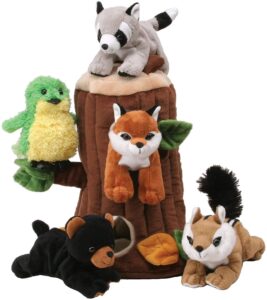 plush treehouse with animals - five (5) stuffed forest animals