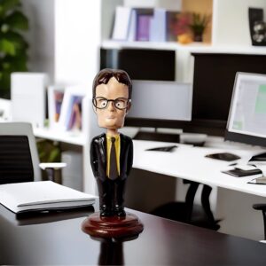 the office: dwight schrute bobblehead - dunder mifflin bobble head figure - funny merch & memorabilia - novelty car dashboard statue - tv show collectible figures - stunned mind