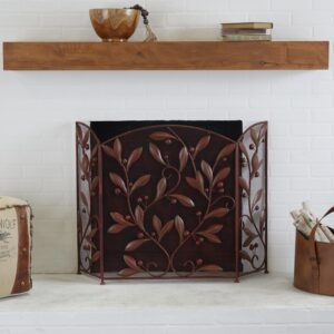 Deco 79 Metal Foldable Mesh Netting 3 Panel Fireplace Screen with Leaf and Vine Relief, 45" x 1" x 30", Brown