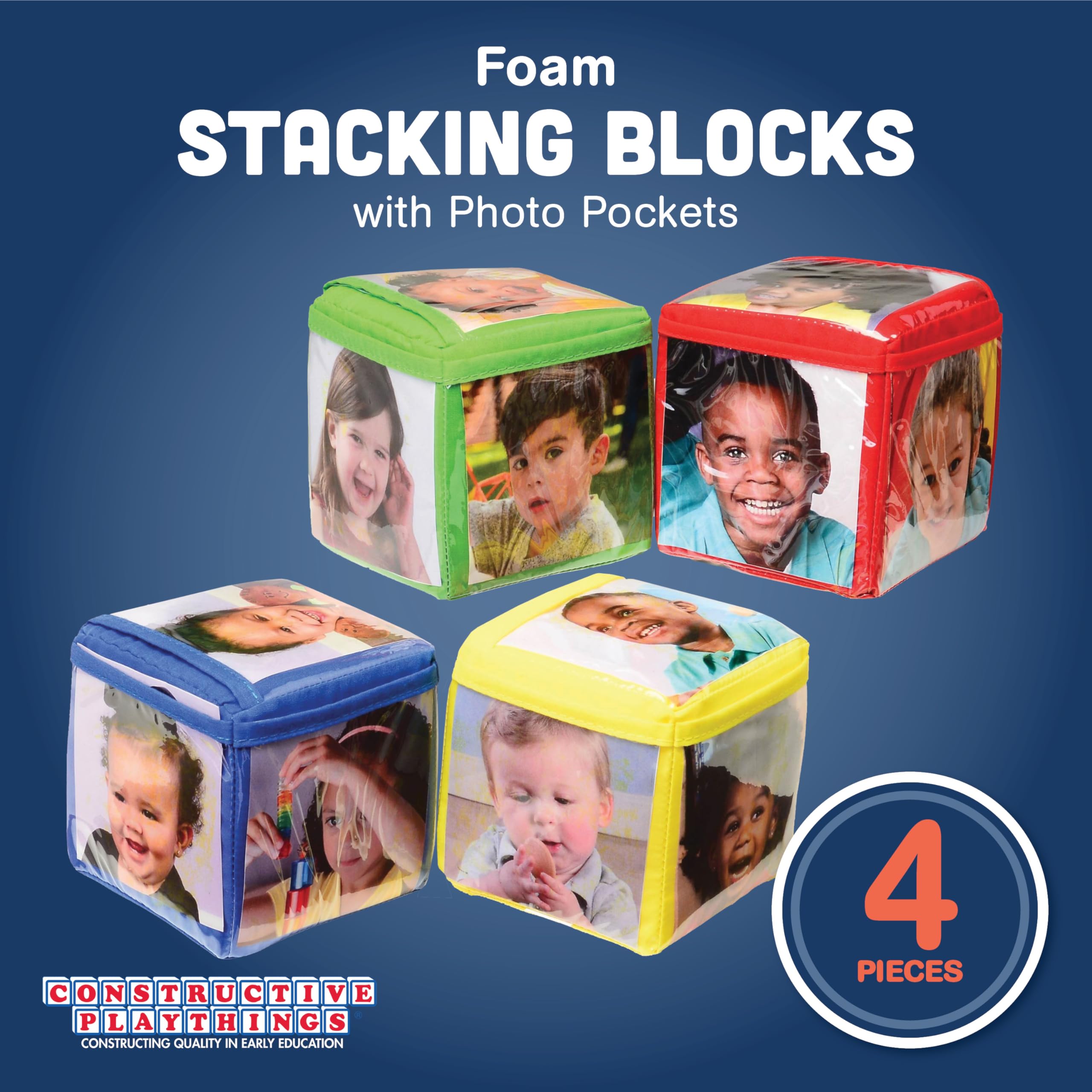 Constructive Playthings Customizable Stacking Block Toys with Photo Pockets for Ages 12 Months+, Toddler Soft Foam Building Blocks, Builds Fine Motor Skills, Multicolor