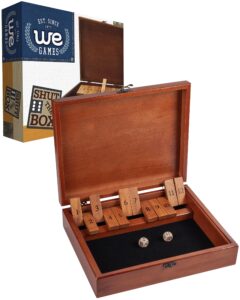 we games shut the box game with 12 numbers in an old world styled wood box with a lid and a brass latch