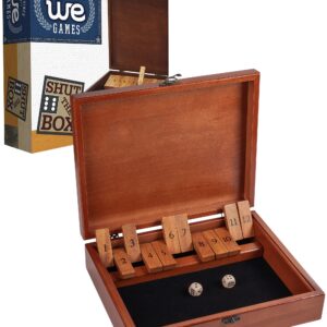 WE Games Shut The Box Game with 12 Numbers in an Old World Styled Wood Box with a Lid and a Brass Latch