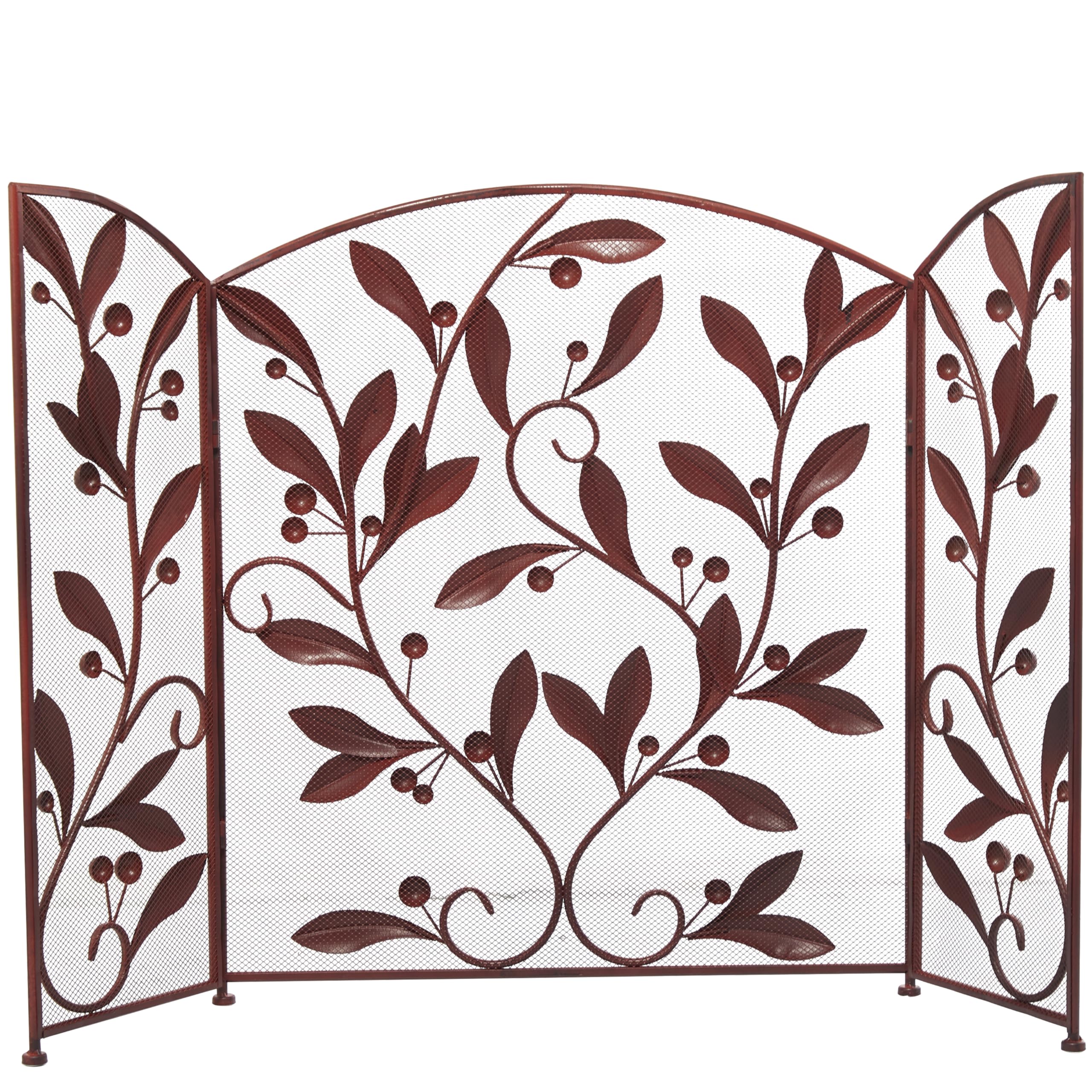 Deco 79 Metal Foldable Mesh Netting 3 Panel Fireplace Screen with Leaf and Vine Relief, 45" x 1" x 30", Brown