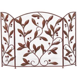 deco 79 metal foldable mesh netting 3 panel fireplace screen with leaf and vine relief, 45" x 1" x 30", brown