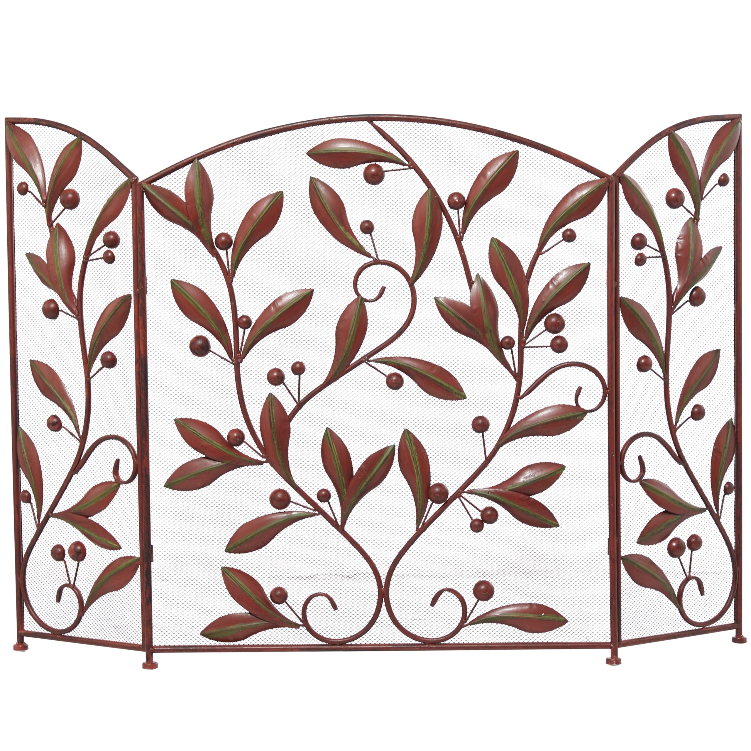 Deco 79 Metal Foldable Mesh Netting 3 Panel Fireplace Screen with Leaf and Vine Relief, 45" x 1" x 30", Brown