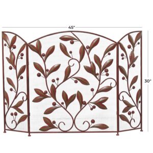 Deco 79 Metal Foldable Mesh Netting 3 Panel Fireplace Screen with Leaf and Vine Relief, 45" x 1" x 30", Brown