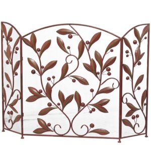 Deco 79 Metal Foldable Mesh Netting 3 Panel Fireplace Screen with Leaf and Vine Relief, 45" x 1" x 30", Brown