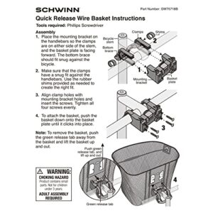 Schwinn Quick Release Wire Basket, Easy Assembly Fits Most Adult Bike Handlebars, Weather Resistant, Durable, With Top Folding Handle, Mounting Hardware Included, Bicycle Accessories, Black.