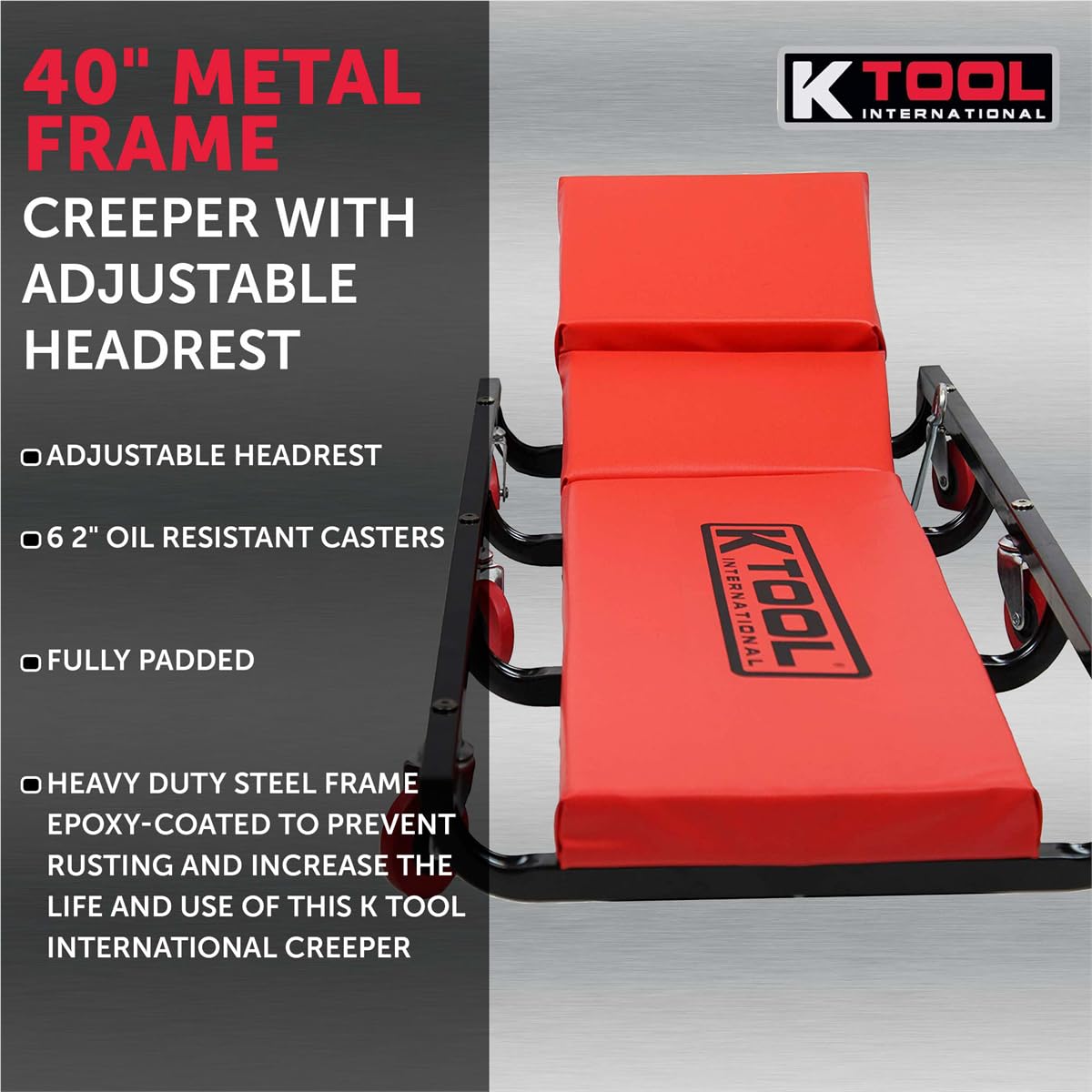 K Tool International 74961 40" Automotive Creeper with Adjustable Headrest for Garages, Repair Shops, and DIY, Fully Padded, (6) 2" Oil Resistant Rubber Castors, Heavy Duty Steel Frame, Red/Black