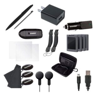 dreamgear 20-in-1 essentials kit: compatible with nintendo new 3ds xl, carrying case, 2 screen protectors, 4 game cases, earbuds, 2 stylus, sd card reader, charge cable, ac adapter, car charger, more