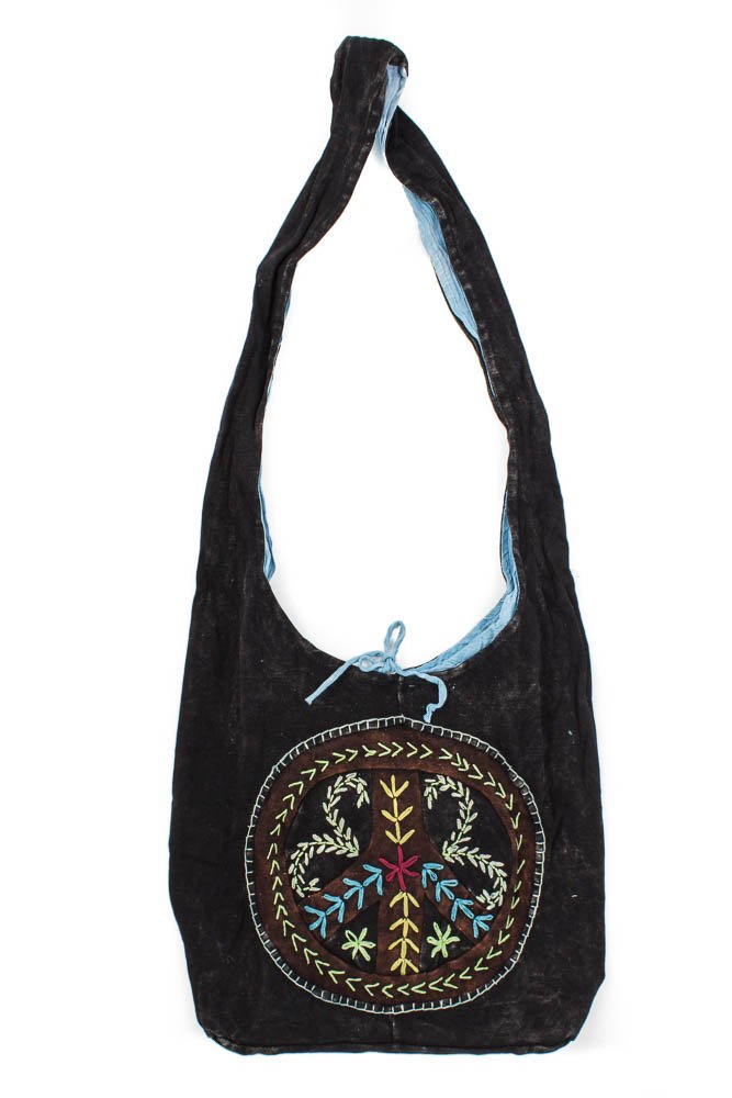 Original Collections Embroidered Peace Sign Stonewashed Cotton Crossbody Shoulder Handbag Large