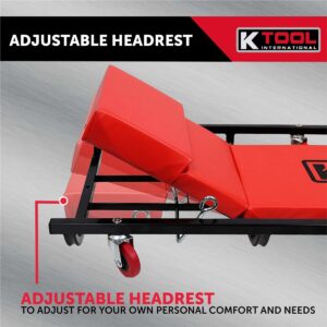 K Tool International 74961 40" Automotive Creeper with Adjustable Headrest for Garages, Repair Shops, and DIY, Fully Padded, (6) 2" Oil Resistant Rubber Castors, Heavy Duty Steel Frame, Red/Black