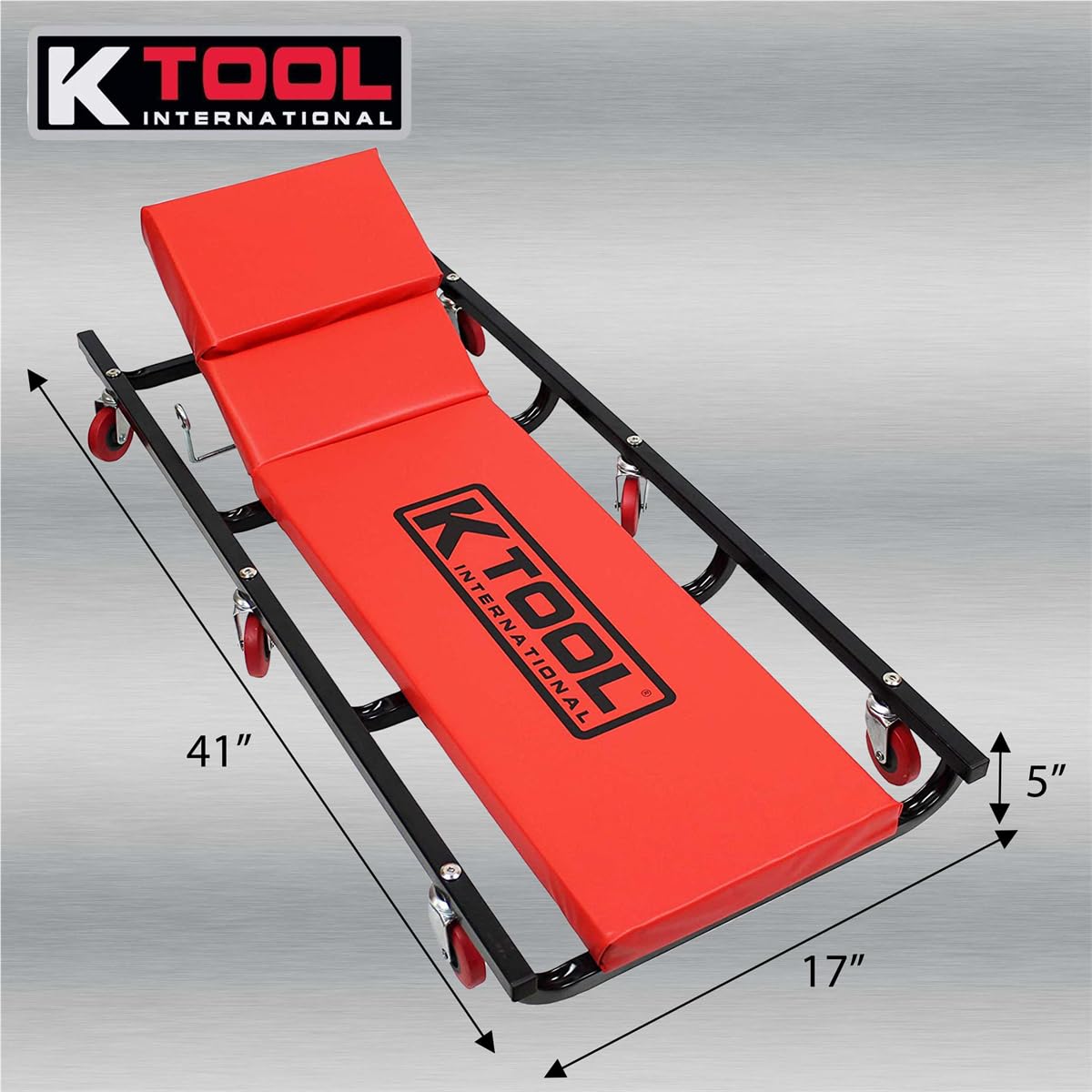 K Tool International 74961 40" Automotive Creeper with Adjustable Headrest for Garages, Repair Shops, and DIY, Fully Padded, (6) 2" Oil Resistant Rubber Castors, Heavy Duty Steel Frame, Red/Black