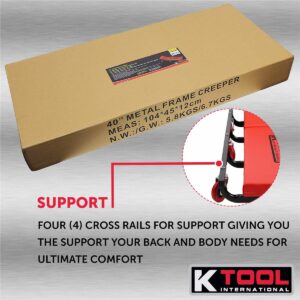 K Tool International 74961 40" Automotive Creeper with Adjustable Headrest for Garages, Repair Shops, and DIY, Fully Padded, (6) 2" Oil Resistant Rubber Castors, Heavy Duty Steel Frame, Red/Black