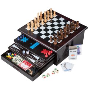 board game set - deluxe 15 in 1 tabletop wood-accented game center with storage drawer (checkers, chess, chinese checkers, parcheesi, tictactoe, solitaire, snakes and ladders, mancala, backgammon, poker dice, playing cards, go fish, old maid, and dominos)