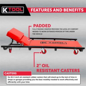 K Tool International 74961 40" Automotive Creeper with Adjustable Headrest for Garages, Repair Shops, and DIY, Fully Padded, (6) 2" Oil Resistant Rubber Castors, Heavy Duty Steel Frame, Red/Black