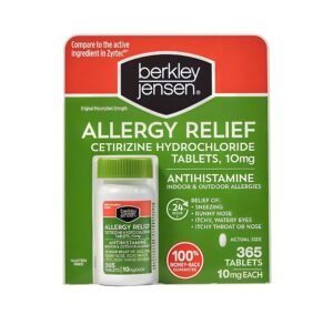 berkley jensen 24 hour allergy relief (365-count), 10 mg cetirizine hydrochloride antihistamine - fast allergy medicine for indoor & outdoor allergies, easy-swallow tablets, compare to zyrtec