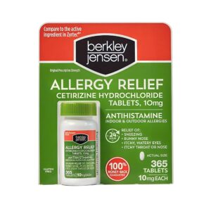 berkley jensen 24 Hour Allergy Relief (365-Count), 10 mg Cetirizine Hydrochloride Antihistamine - Fast Allergy Medicine for Indoor & Outdoor Allergies, Easy-Swallow Tablets, Compare to Zyrtec