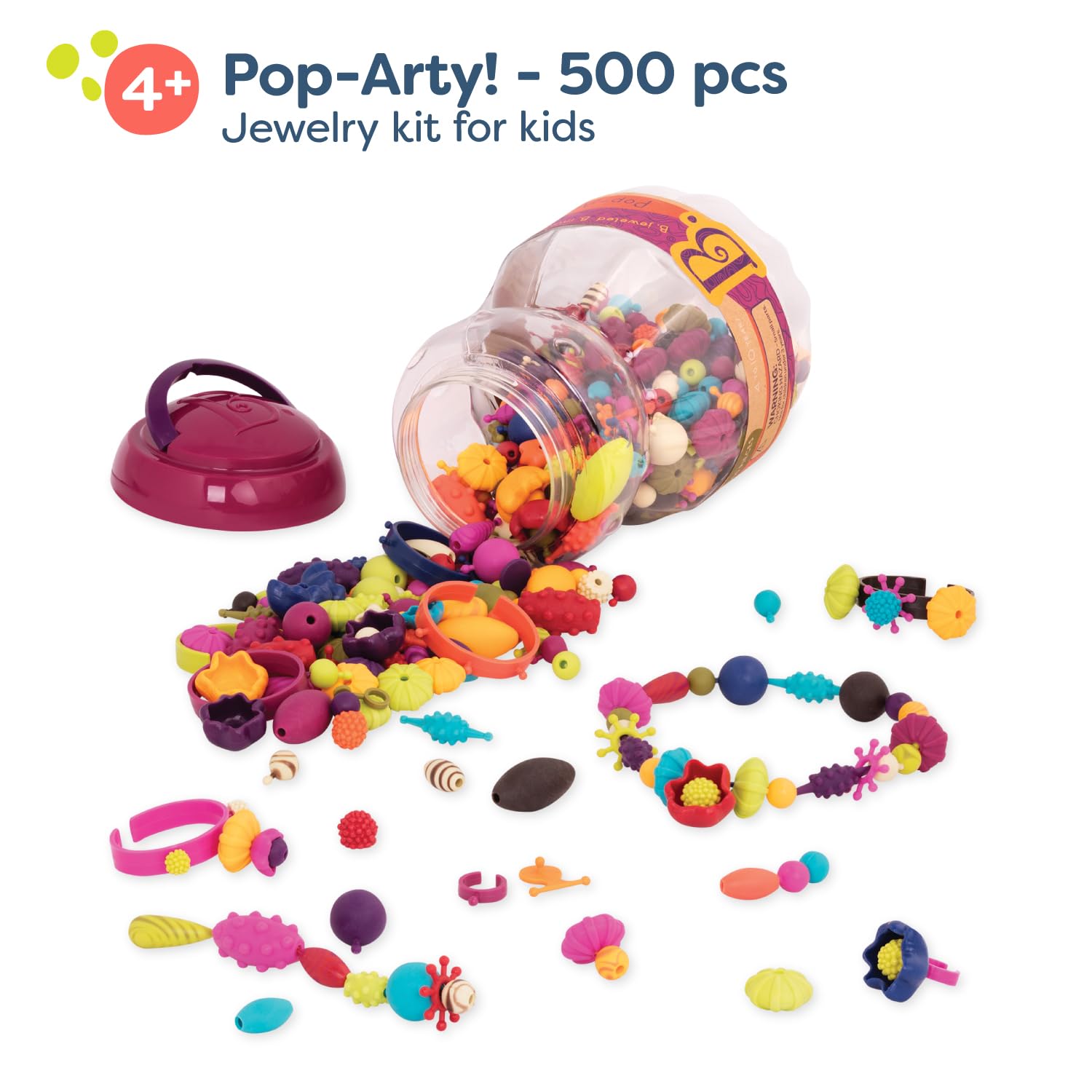 B. toys – Pop Arty! 500 Pcs- Jewlery Making Kit- Creative Pop Snap Bead Set for Kids –DIY Craft Jewelry Making Kit –Necklaces, Rings, Bracelets – 4 Years +