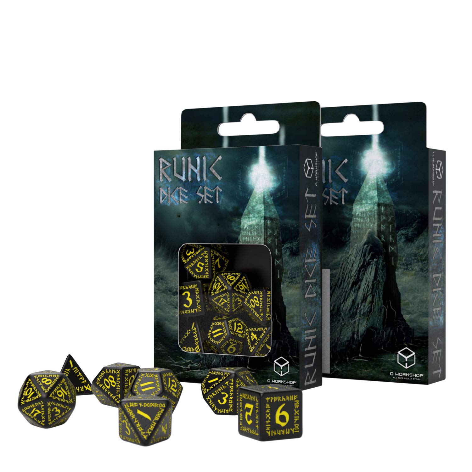 Q-Workshop Dragon Black & Yellow RPG Ornamented Dice Set 7 Polyhedral Pieces,QWORUN07