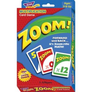 trend enterprises: zoom! multiplication card game, use addition skills, build multiplication skills, test probability, surprise cards send scores to zero, 1 to 4 players, for ages 9 and up