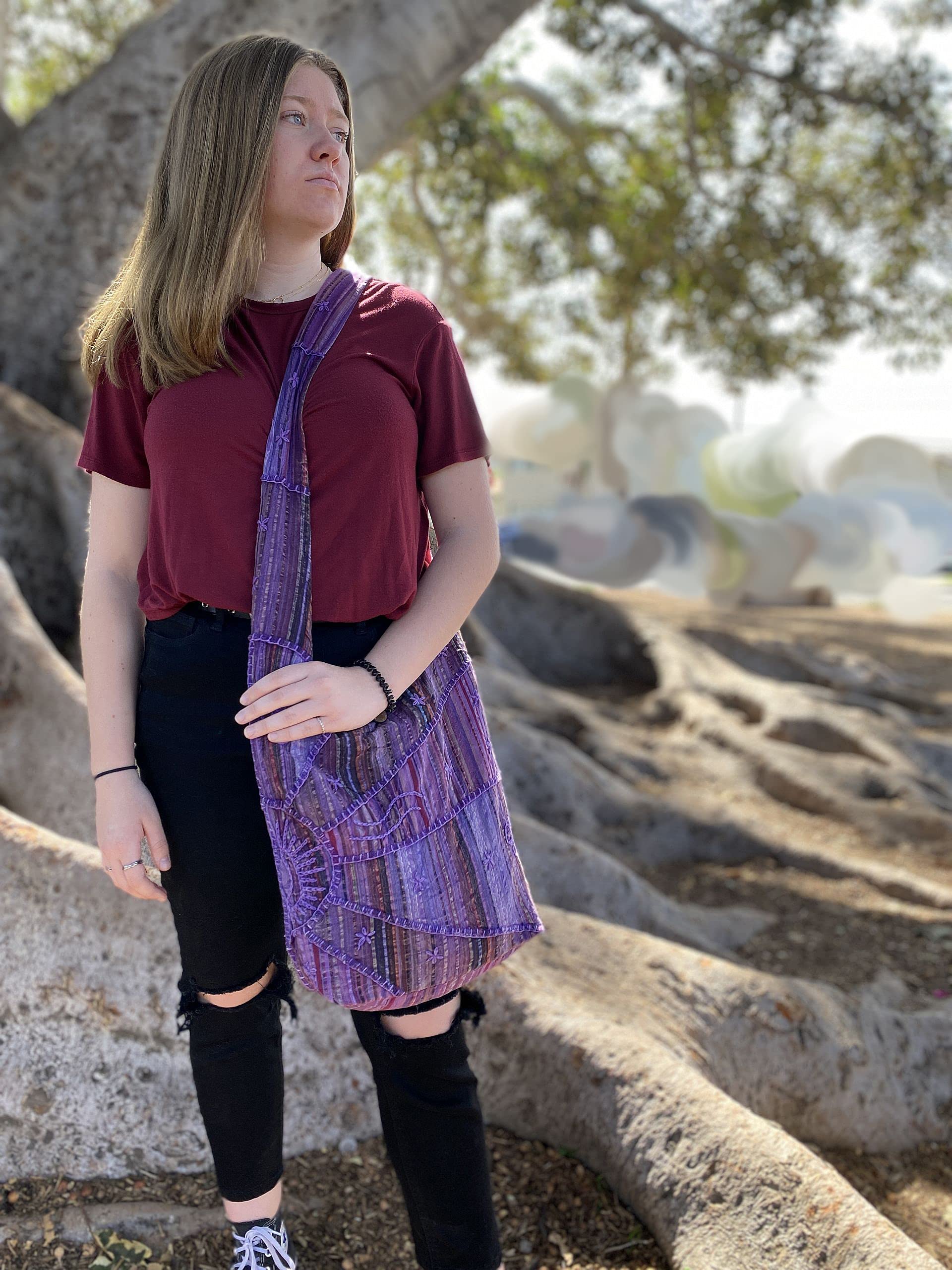 Hand Embroidered Peace and Sunrise Boho Crossbody Hippie Handbag - Unique, Ethical, and Vibrant for the Free-Spirited Soul (Purple)