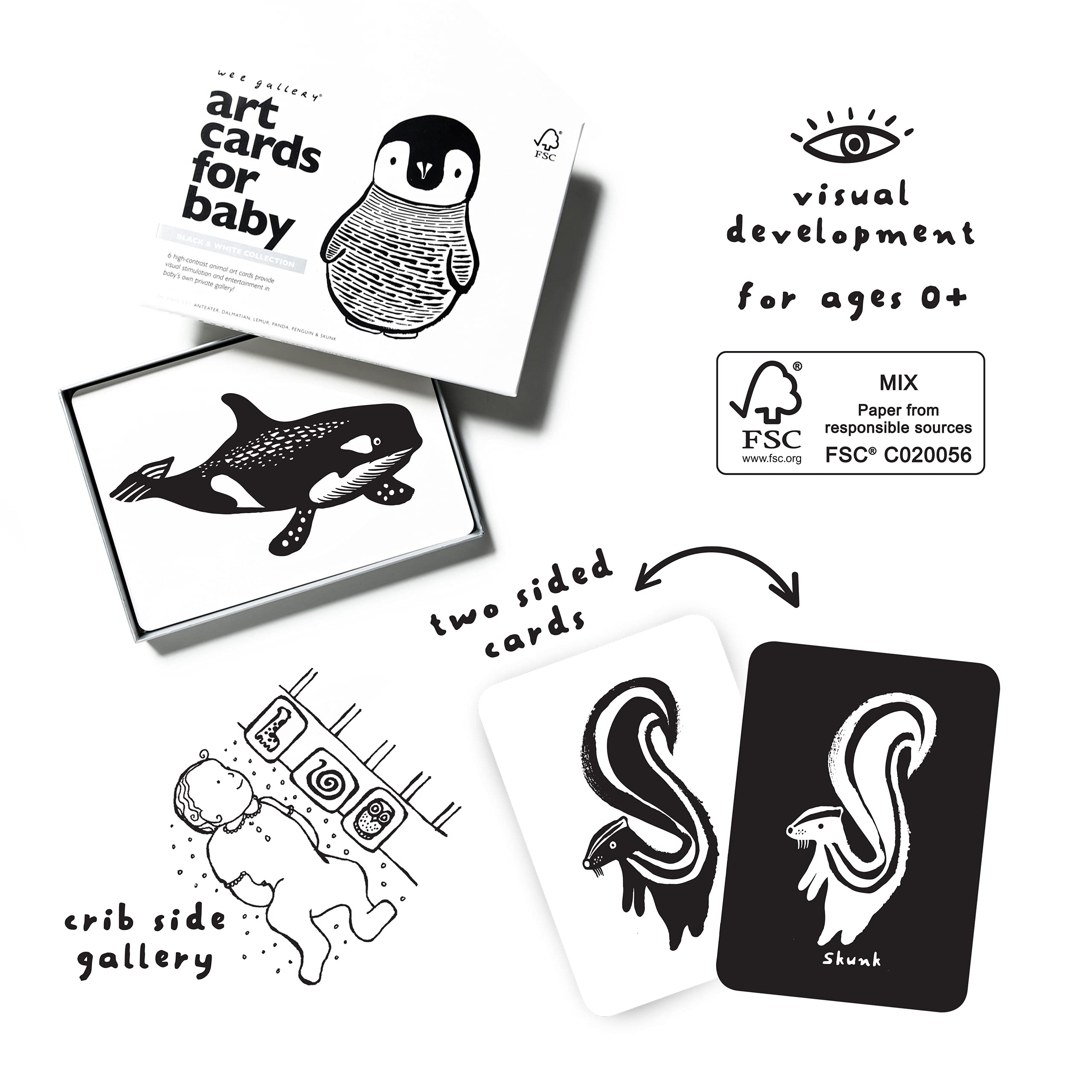 Wee Gallery Black and White Art Flash Cards for Babies, High Contrast Educational Animal Picture Cards, Baby Visual Stimulation, Brain and Memory Development in Infants and Toddlers - B&W Animals