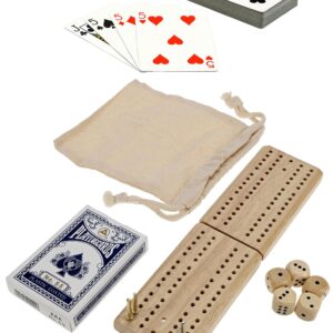 WE Games Cribbage Board Game Set, Travel Crib Board with Storage Slot and Drawstring Bag for Card Storage, Foldable 2 Track Cribbage Board with Cards, Metal Pegs and Dice, Mini Board Games