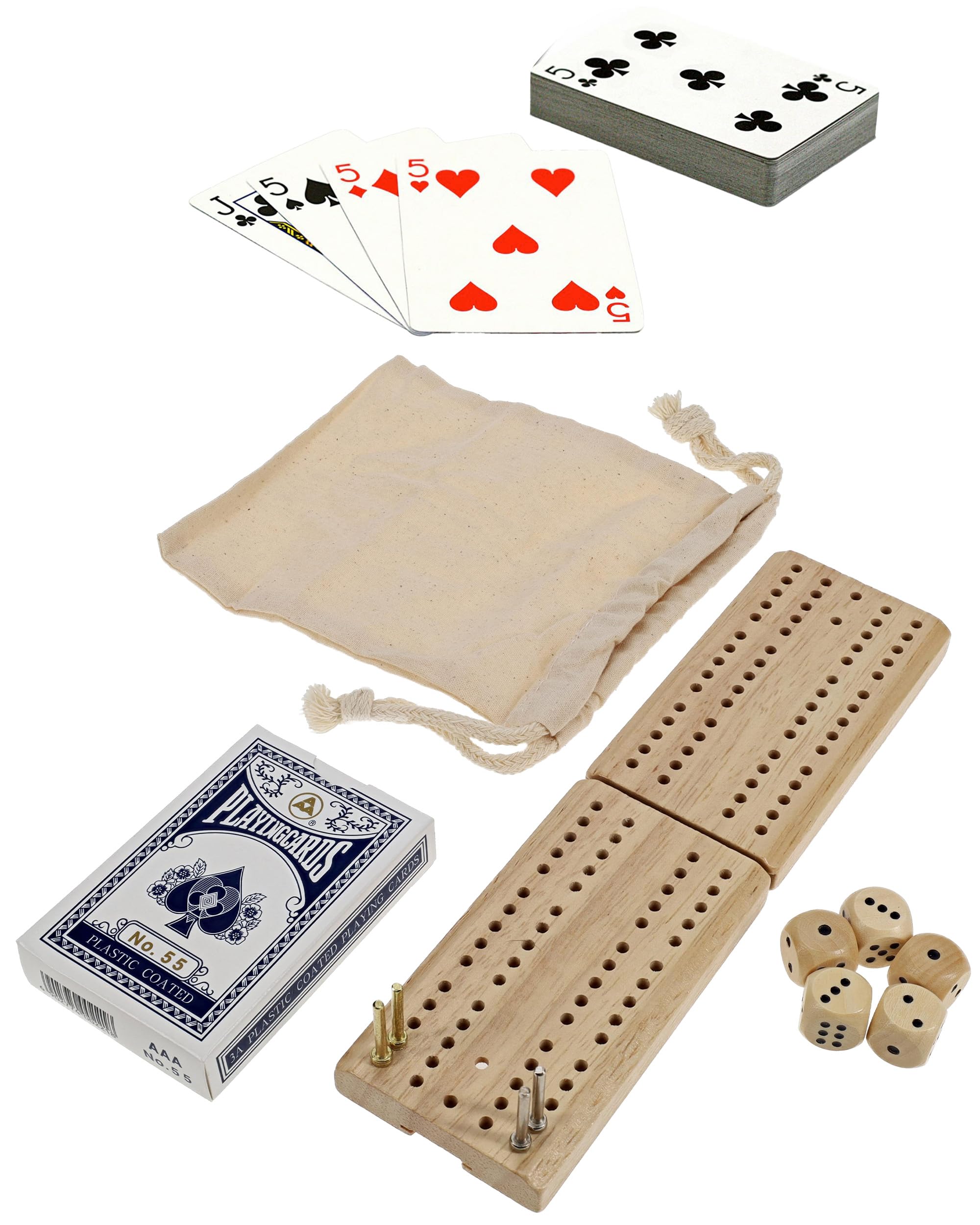 WE Games Cribbage Board Game Set, Travel Crib Board with Storage Slot and Drawstring Bag for Card Storage, Foldable 2 Track Cribbage Board with Cards, Metal Pegs and Dice, Mini Board Games