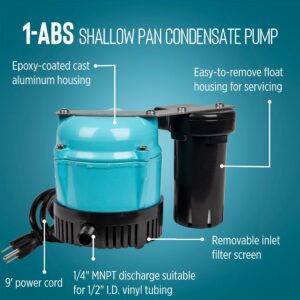 Little Giant 1-ABS 115-volt, 1/150 HP, 205 GPH Automatic Shallow Pan Condensate Removal Pump for Ceiling Mounted Air Conditioners or Dehumidifiers, Black/Blue, 550521