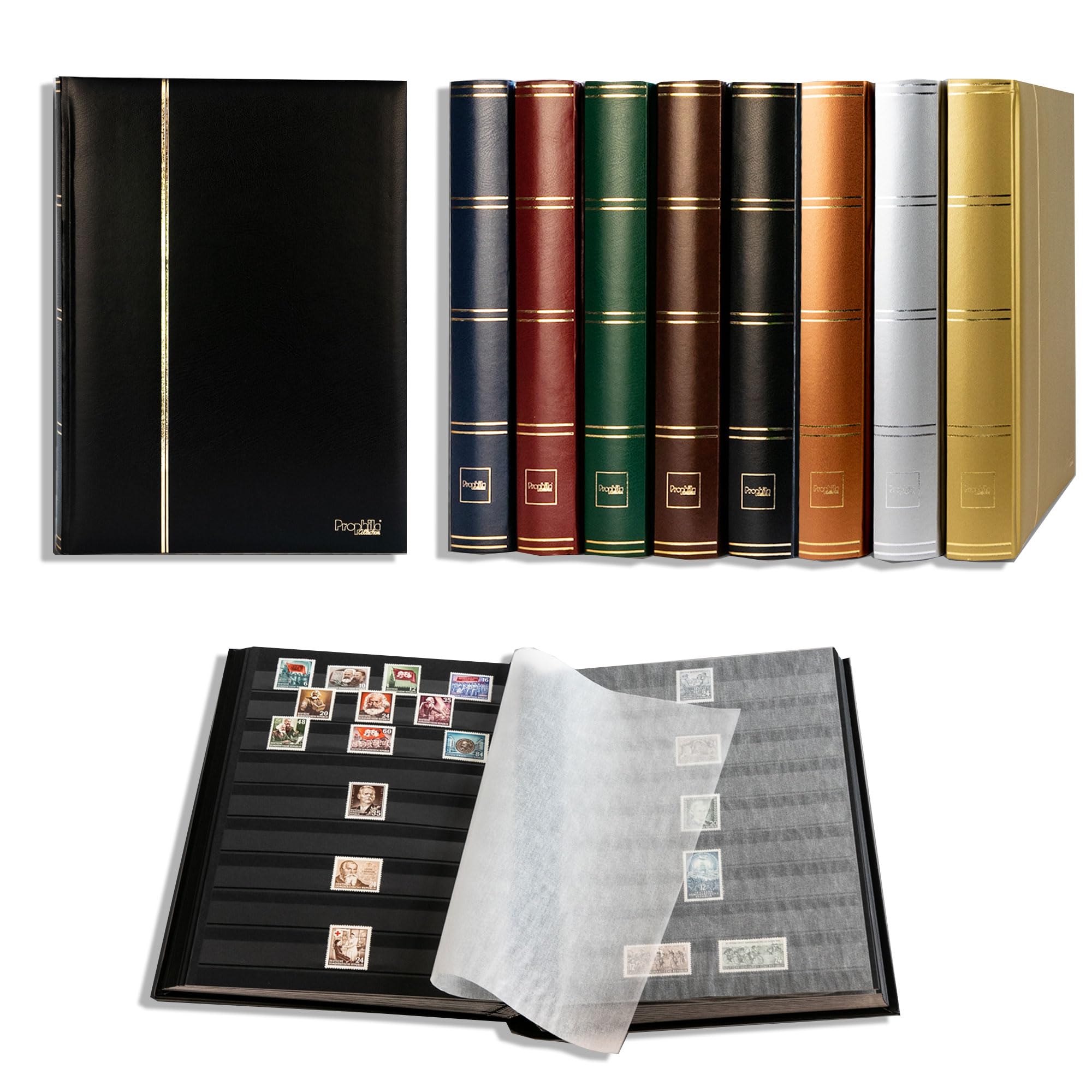 Prophila Stamp Album Stockbook 60 Black Sides, Leatherette Padded Black Cover