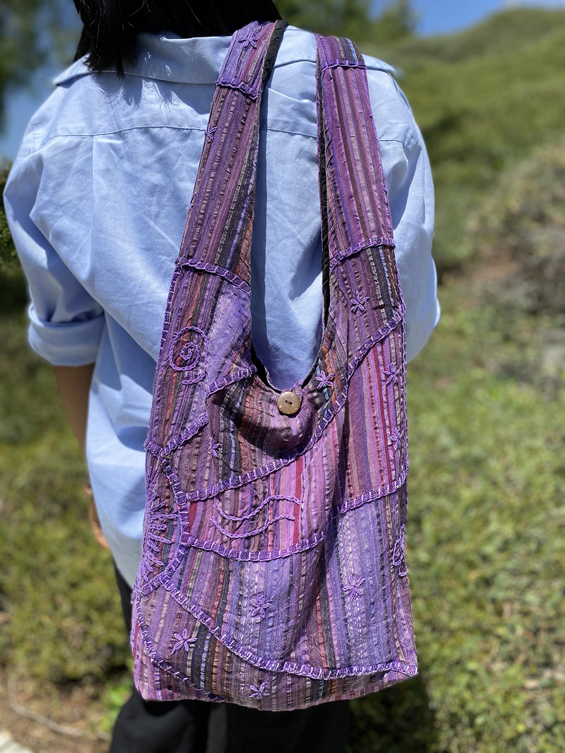 Hand Embroidered Peace and Sunrise Boho Crossbody Hippie Handbag - Unique, Ethical, and Vibrant for the Free-Spirited Soul (Purple)