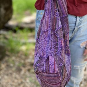 Hand Embroidered Peace and Sunrise Boho Crossbody Hippie Handbag - Unique, Ethical, and Vibrant for the Free-Spirited Soul (Purple)