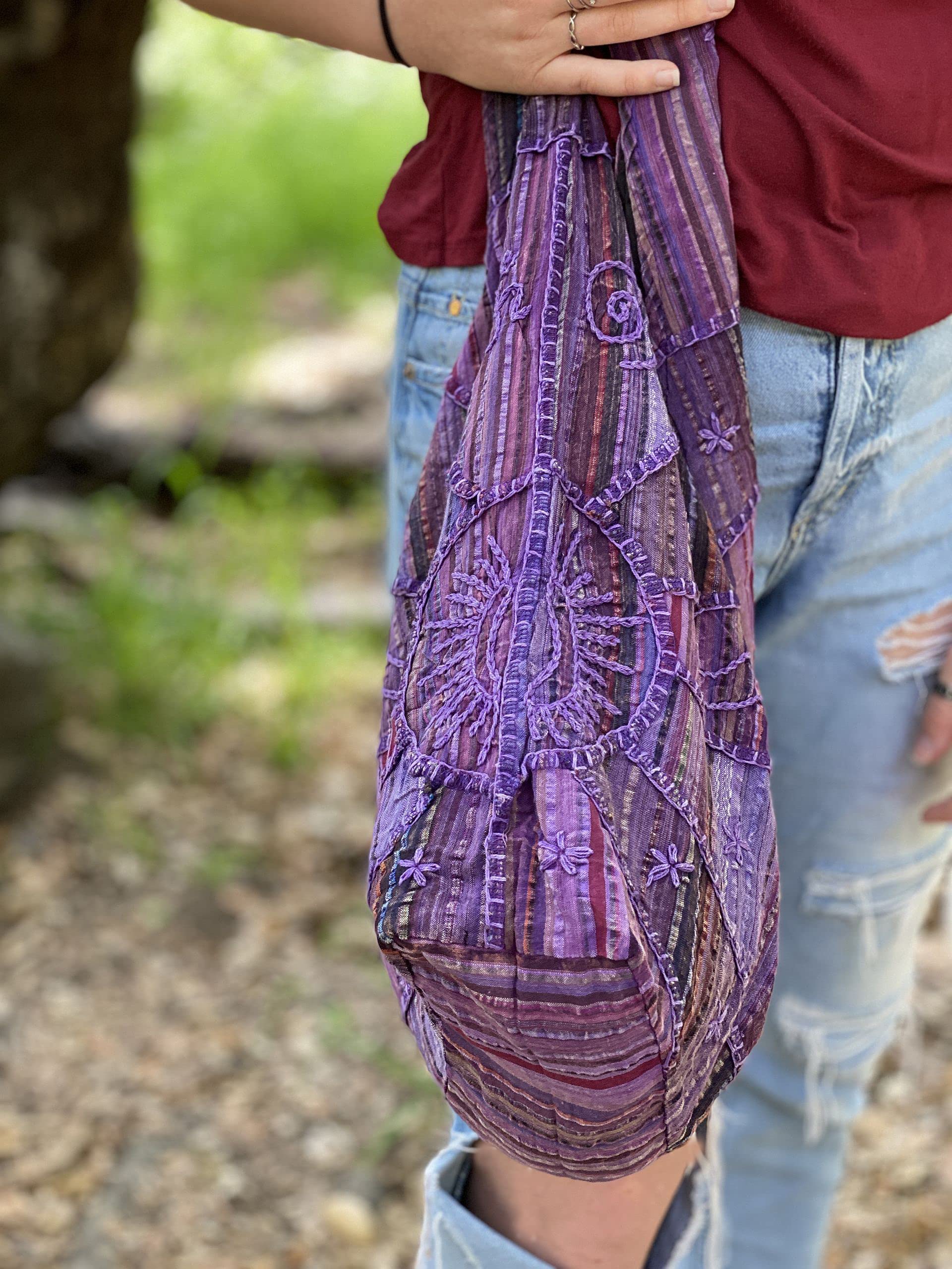 Hand Embroidered Peace and Sunrise Boho Crossbody Hippie Handbag - Unique, Ethical, and Vibrant for the Free-Spirited Soul (Purple)