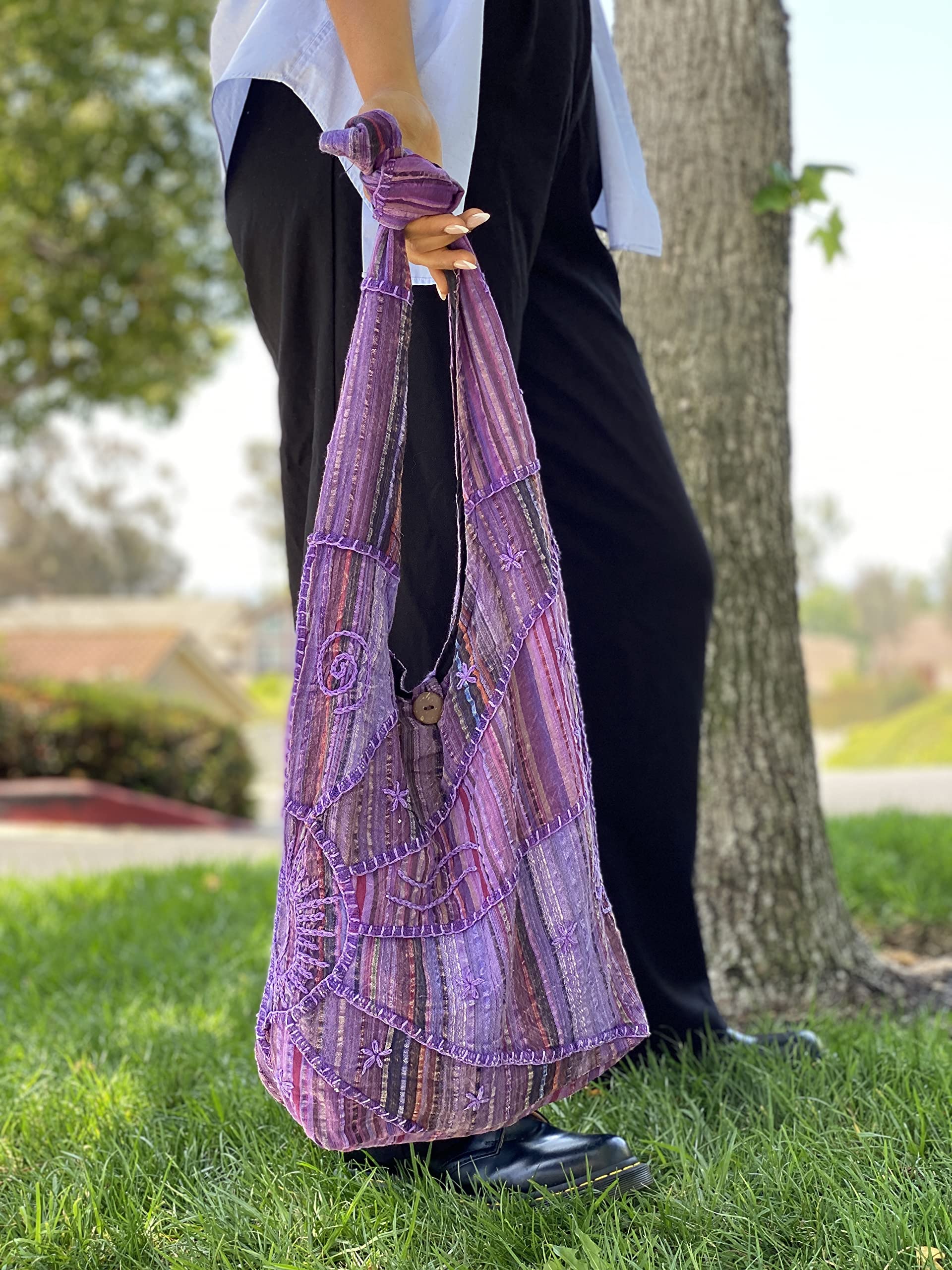 Hand Embroidered Peace and Sunrise Boho Crossbody Hippie Handbag - Unique, Ethical, and Vibrant for the Free-Spirited Soul (Purple)