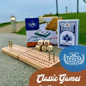 WE Games Cribbage Board Game Set, Travel Crib Board with Storage Slot and Drawstring Bag for Card Storage, Foldable 2 Track Cribbage Board with Cards, Metal Pegs and Dice, Mini Board Games