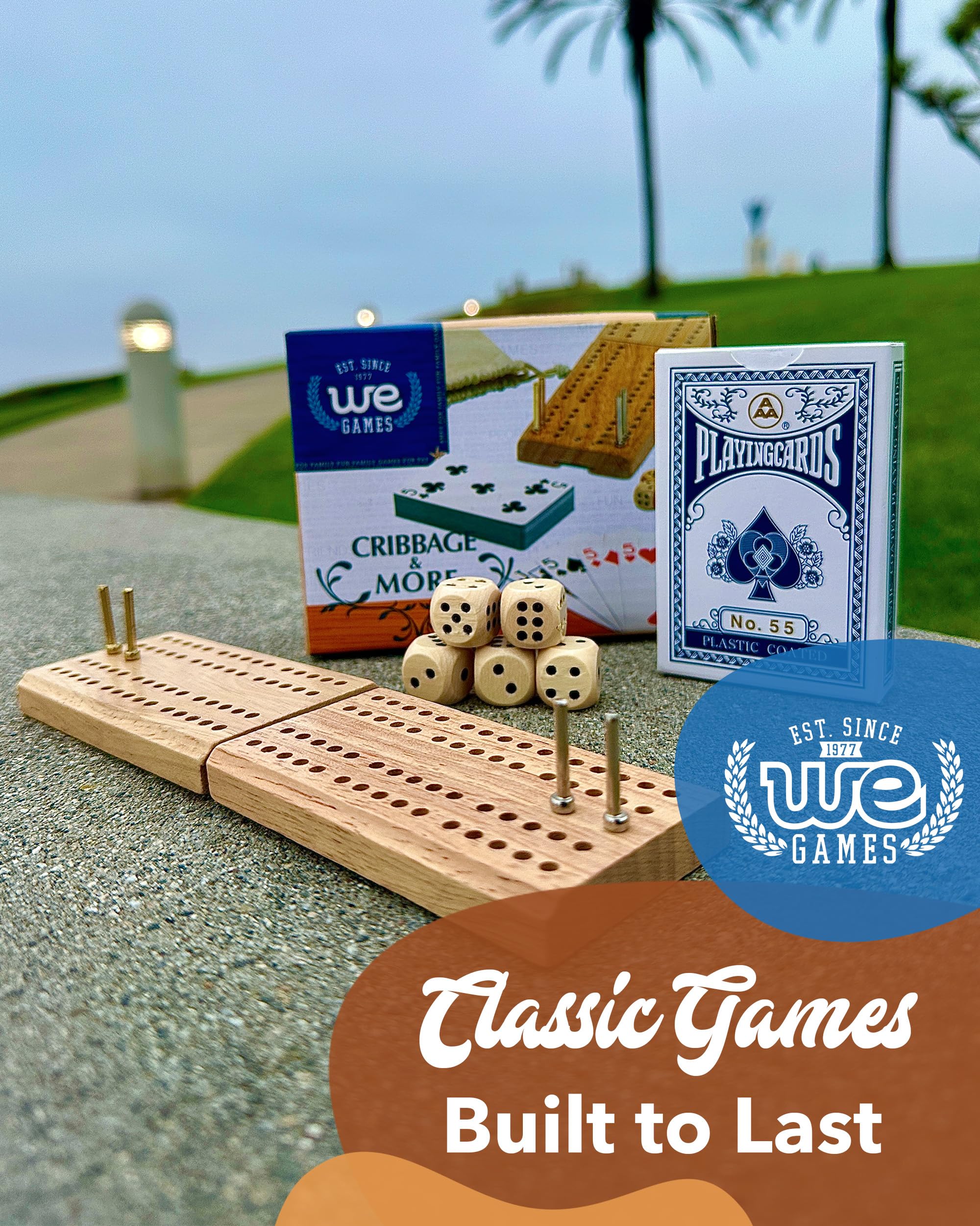 WE Games Cribbage Board Game Set, Travel Crib Board with Storage Slot and Drawstring Bag for Card Storage, Foldable 2 Track Cribbage Board with Cards, Metal Pegs and Dice, Mini Board Games