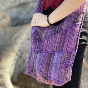 Hand Embroidered Peace and Sunrise Boho Crossbody Hippie Handbag - Unique, Ethical, and Vibrant for the Free-Spirited Soul (Purple)