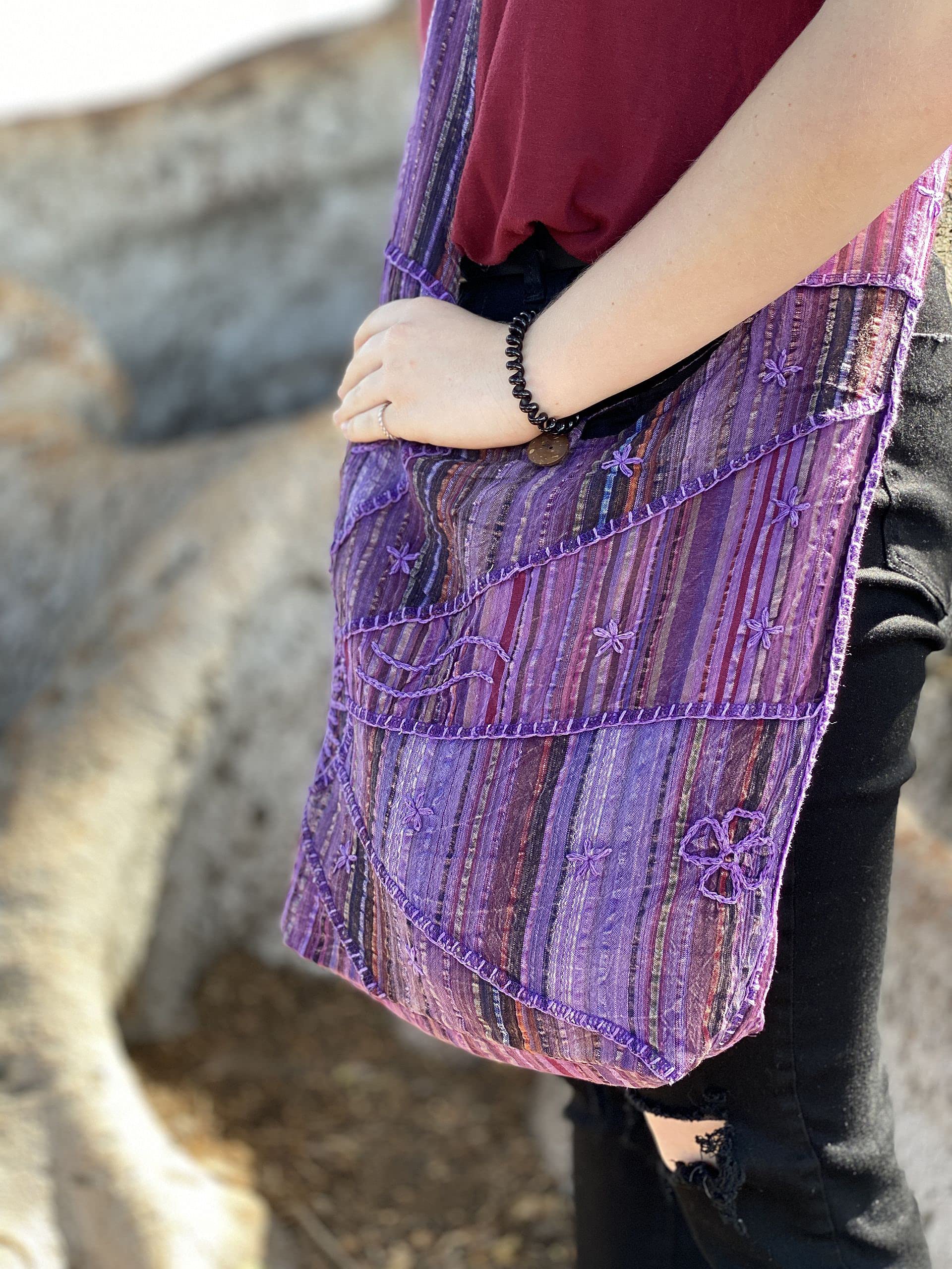 Hand Embroidered Peace and Sunrise Boho Crossbody Hippie Handbag - Unique, Ethical, and Vibrant for the Free-Spirited Soul (Purple)