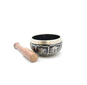 4" exquisite tibetan singing bowl set for meditation ~ auspicious eight lucky symbols, buddha eye & dorje painted ~ silk cushion & wooden mallet included ~handmade in nepal by thamelmart