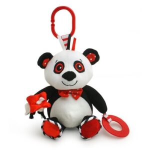 genius baby toys panda soft sensory toy with teething ring for baby, attaches to stroller, 8"