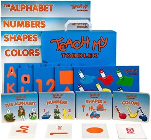 teach my -toys toddler learning kit: letters, numbers, shapes, colors- all-in-one kit containing 55 flashcards, 7 puzzles, 4 board books, 4 full size posters and storage case. play for 20 minutes a day!, blue case, all-in-one kit (68 pieces)