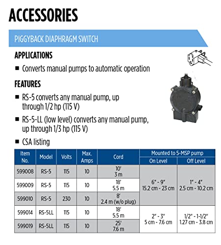 Little Giant RS-5 115-Volt Piggyback Diaphragm Pump-down Switch for Sump or Utility Pumps, 10-Ft. Cord, Black, 599008