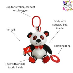 Genius Baby Toys Panda Soft Sensory Toy with Teething Ring for Baby, Attaches to Stroller, 8"