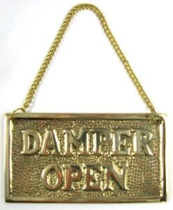 hanging solid brass fireplace damper open closed sign