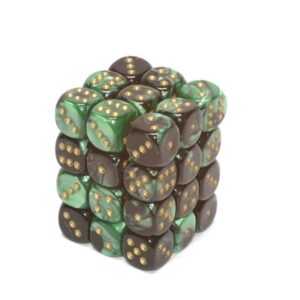 chessex dice d6 sets: gemini black & green with gold - 12mm six sided die (36) block of dice