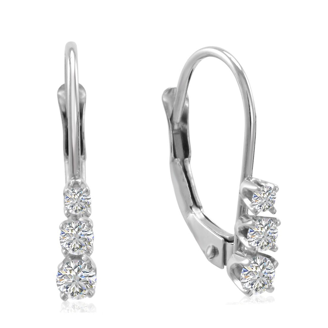 AGS Certified 10K White Gold Three Stone Diamond Leverback Earrings 1/4cttw